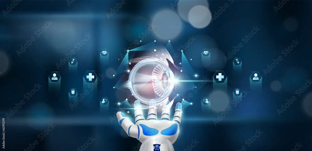 Human eyeball organ inside cube float in doctor robot hand on hospital ...