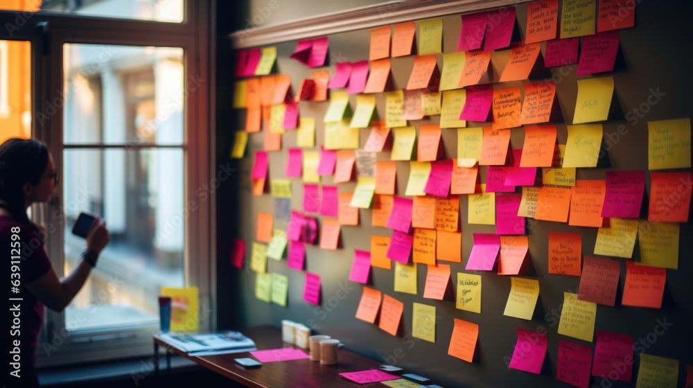 colorful sticky note on brainstorming board at modern office. Stock ...