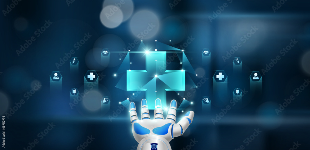 Medical sign symbol blue cross inside cube float in doctor robot hand ...