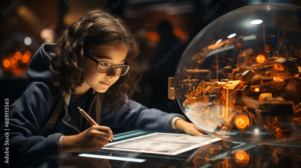 Children, student focusing in Science and Technology class with ...