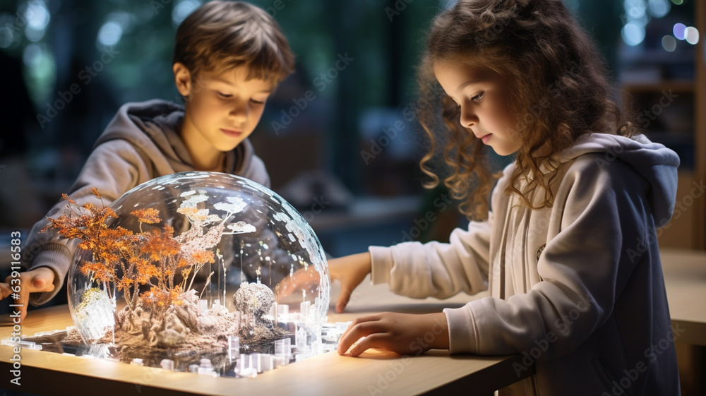 Children, student focusing in geography class with conceptual 3D model ...