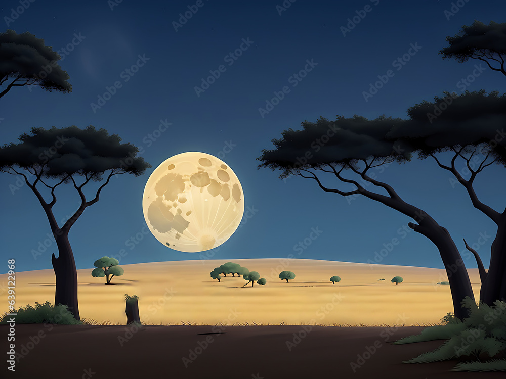 Savannah landscape with acacia trees at night vector cartoon ...