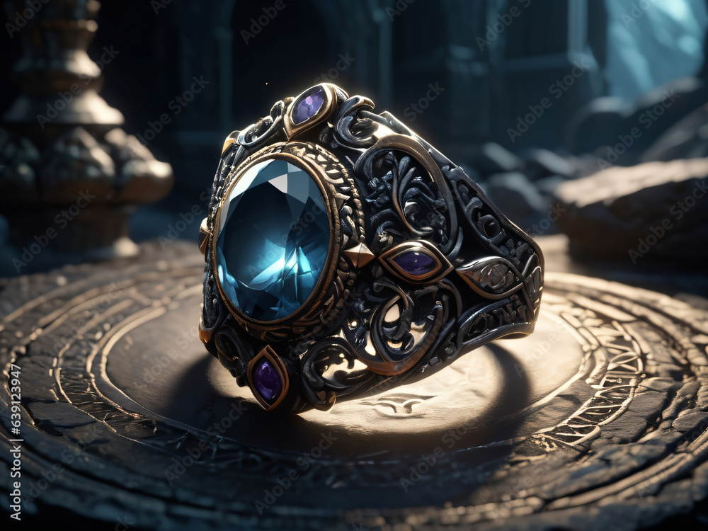 Fantasy Elaborate Ring Blue sapphires Stone Jewel on Round Stone with ...