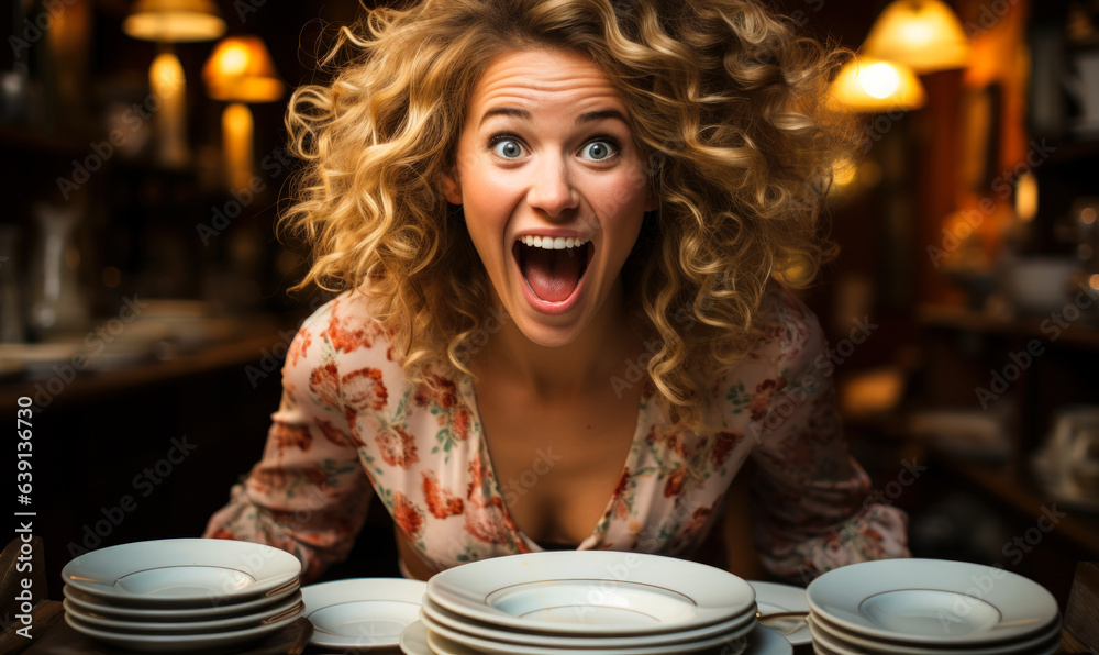 Foto de Angry screaming woman posing with an empty plate at the ...