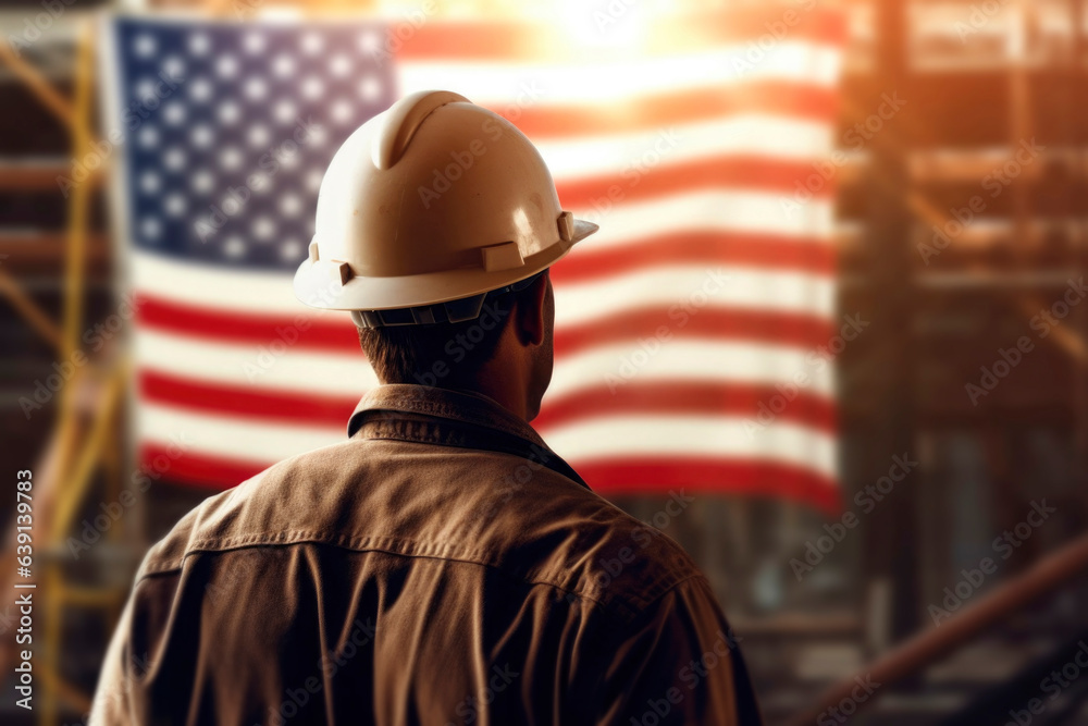 Portrait of workman back view in uniform and safety helmet at ...