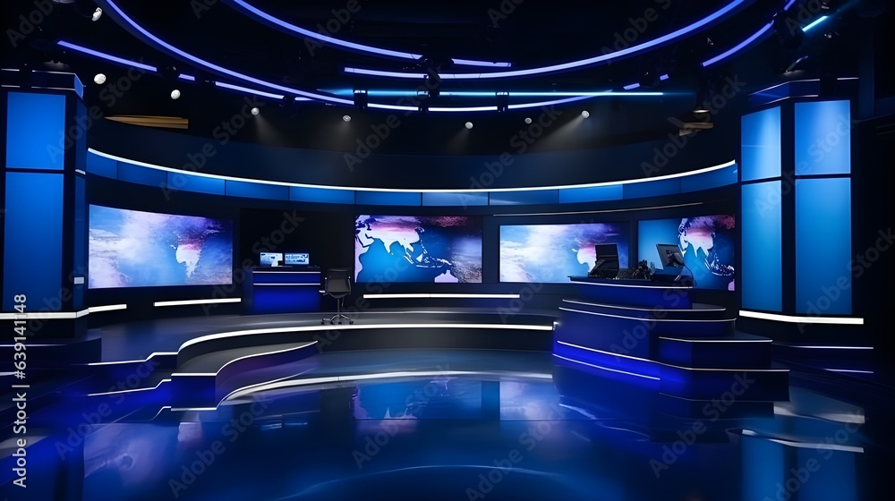 Blue and black theme News, documentary, reporting program TV studio set ...