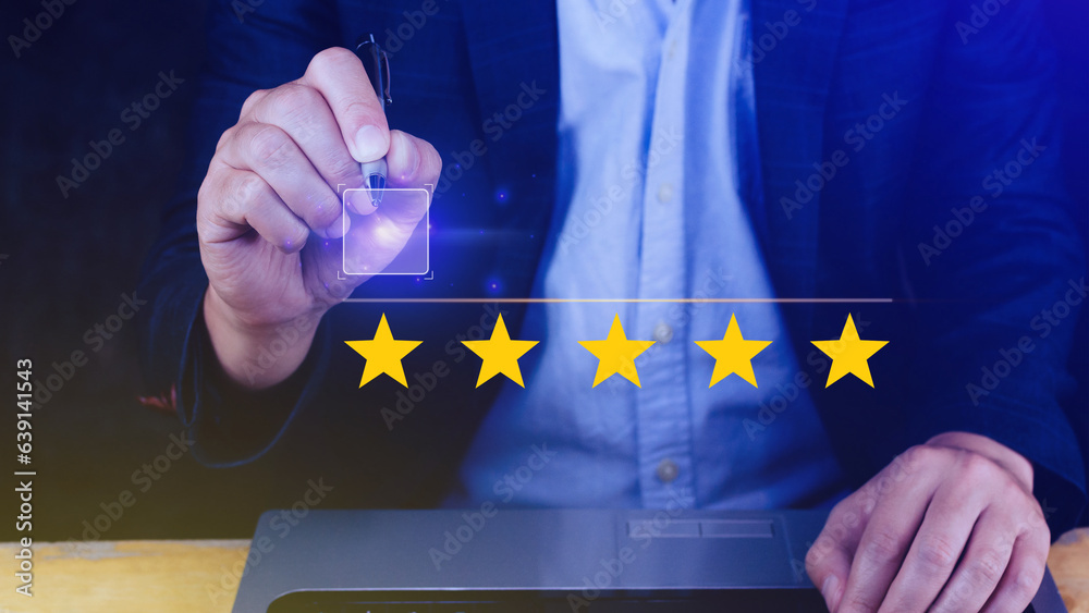 5 star rating. Businessman customer giving five star rating, Review ...
