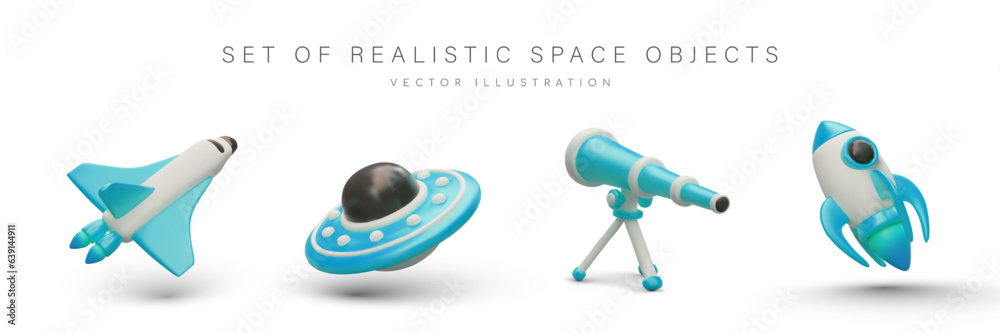 Set of realistic space objects. Blue shuttle, flying saucer, telescope ...