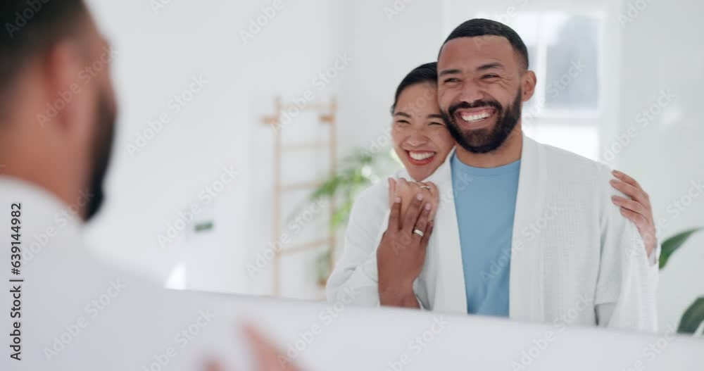 Love, hug and happy couple in the bathroom for health, wellness and ...