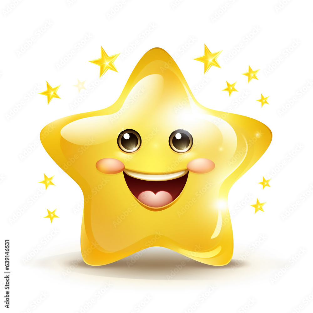 gelber goldener fröhlicher lachender Stern mit Gesicht (Augen und Mund ...