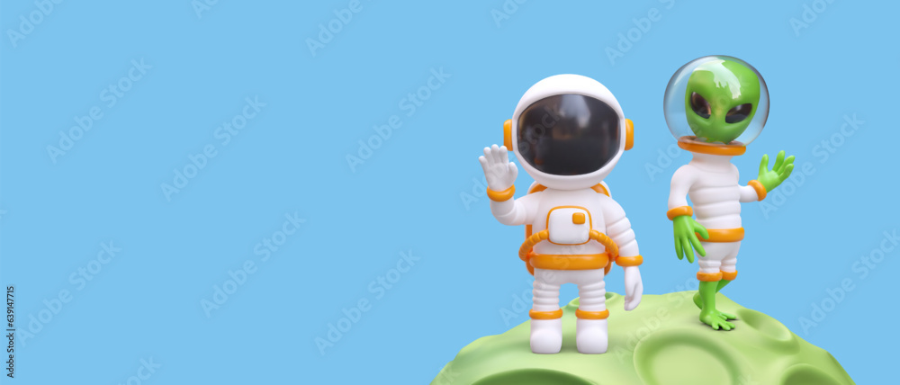 Astronaut and alien in spacesuits are standing on asteroid. Contact ...