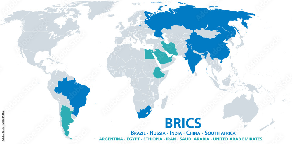 BRICS, with new member states as of 2024, political map. Brazil, Russia ...