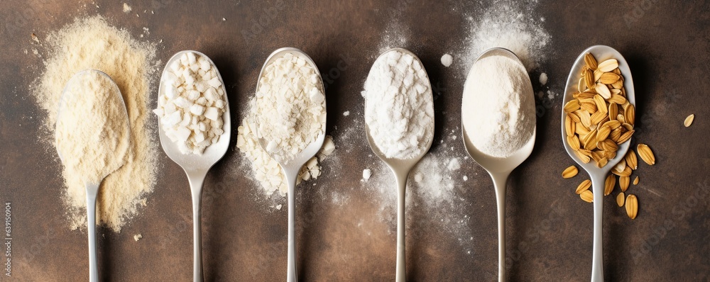 Metal spoons of various gluten free flour almond flour, oatmeal flour ...