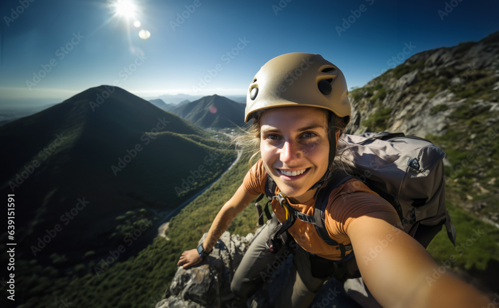 Embracing the outdoors and extreme sports, active young woman taking a selfie while climbing a ...