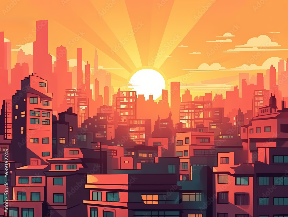 densed city skyline building with sunset for cartoon and game ...