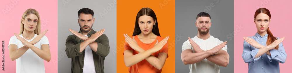 People showing stop gesture on different color backgrounds. Collage ...