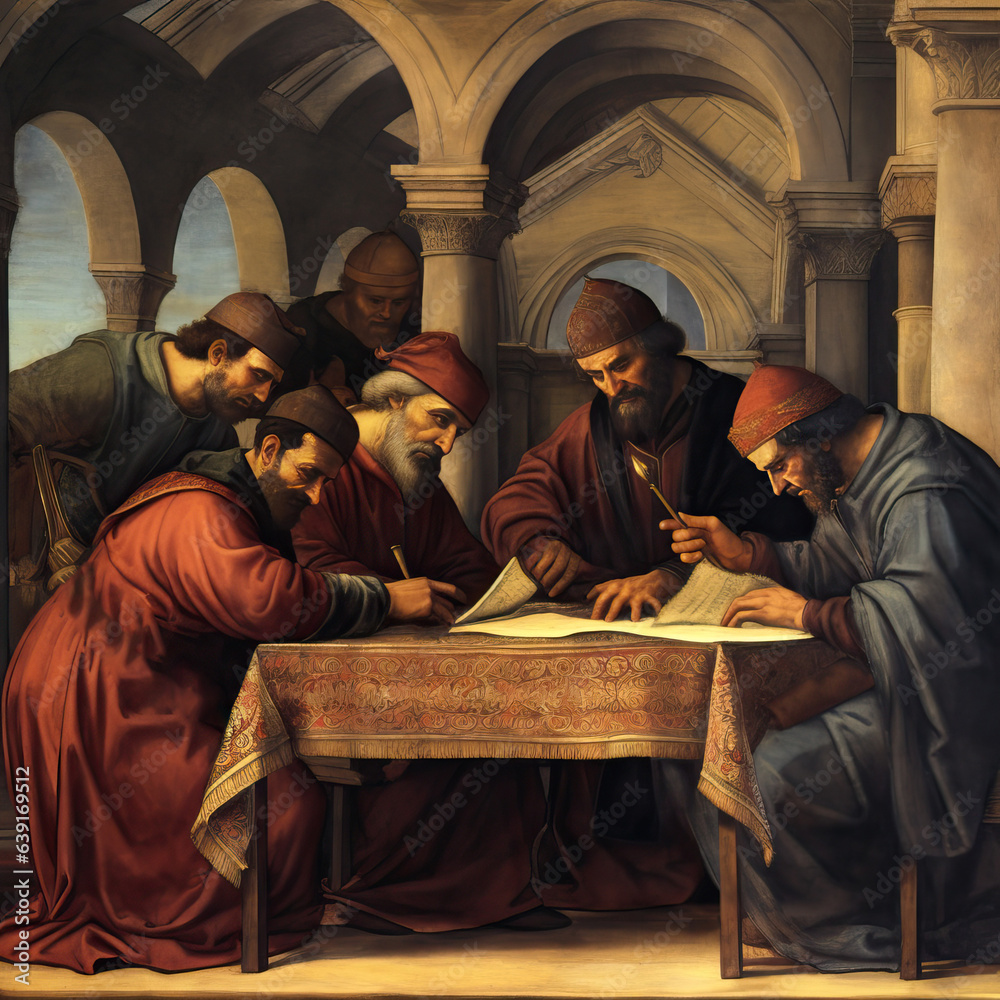 Old painting of scribes and rabbis copying the Holy Scriptures in ...