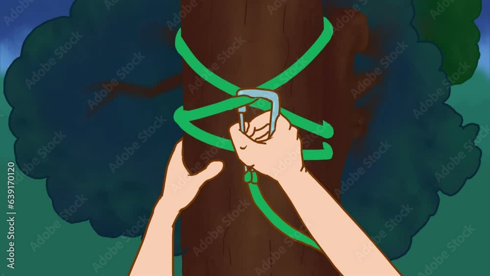 POV tree park adventure. Insurance rope on metal carbon D-link. Safety ...