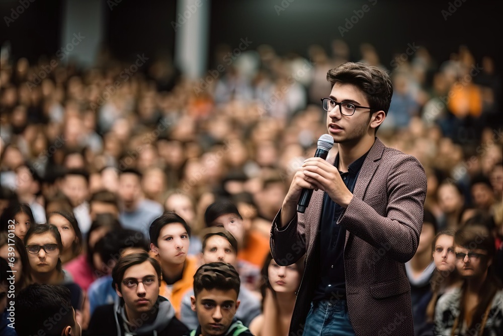 A young man speaks at a youth business forum. He asks the speaker a ...