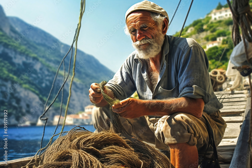 A gray-haired old man in a fishing boat sorts out nets for catching ...