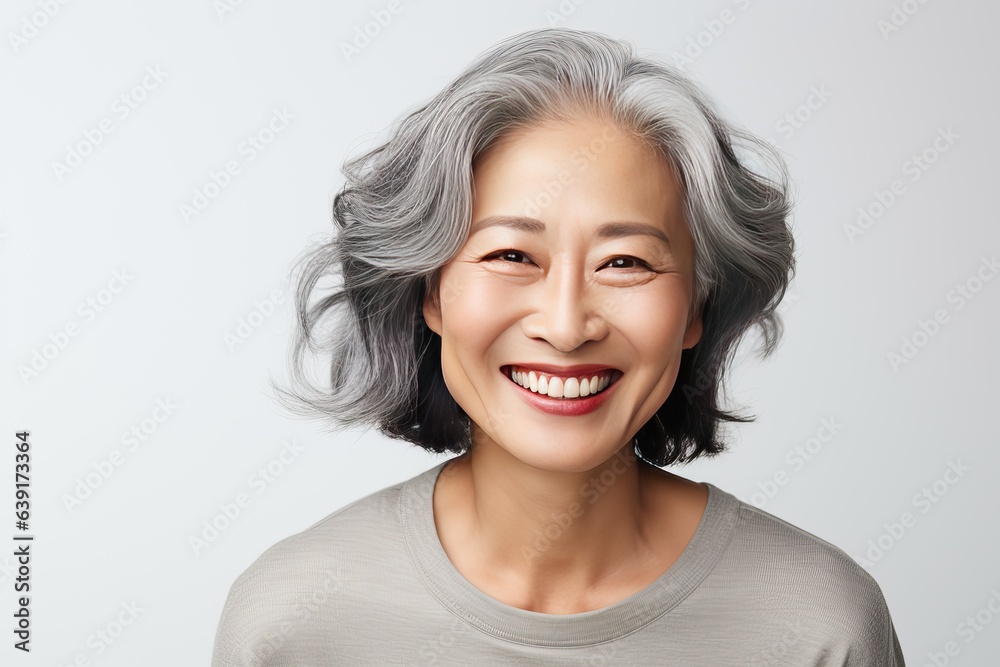 Close-up portrait of a stylish beautiful Asian woman in her 50s. Skin ...