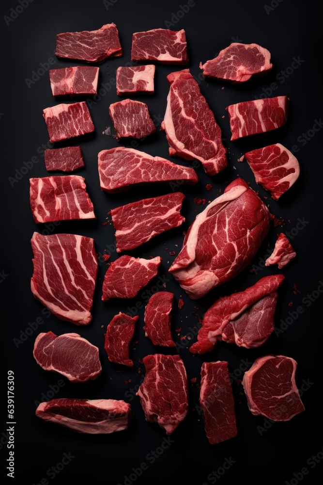 Creative flatlay pattern with black angus prime beef ribeye steak on ...