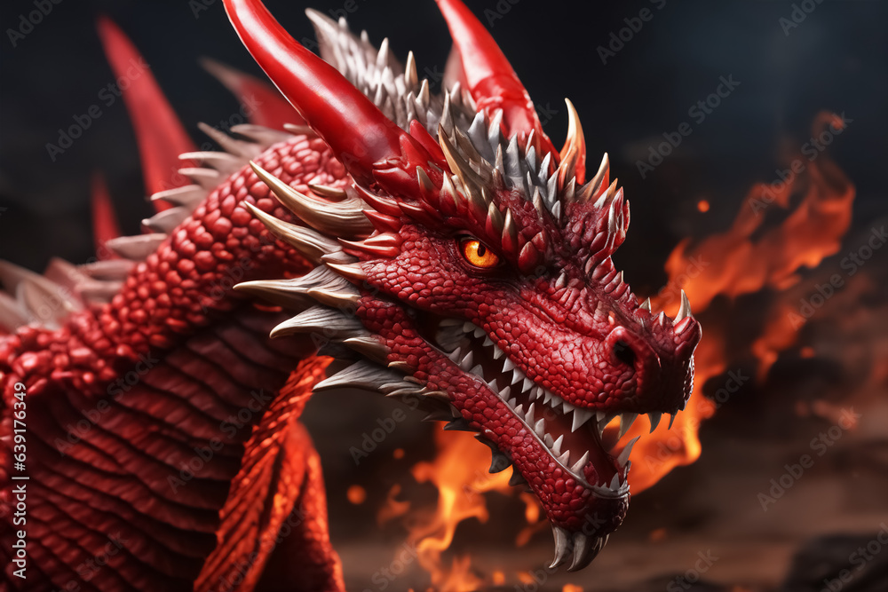 Head of Fantasy Dragon with fire. Ferocious monster. Evil dragon with ...