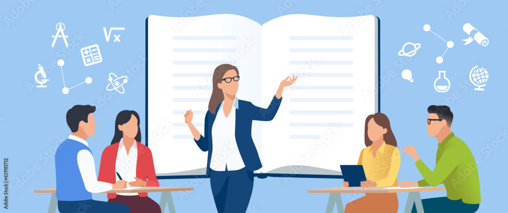 Education, study, book. Teacher, big book and pupils. Learning concept ...