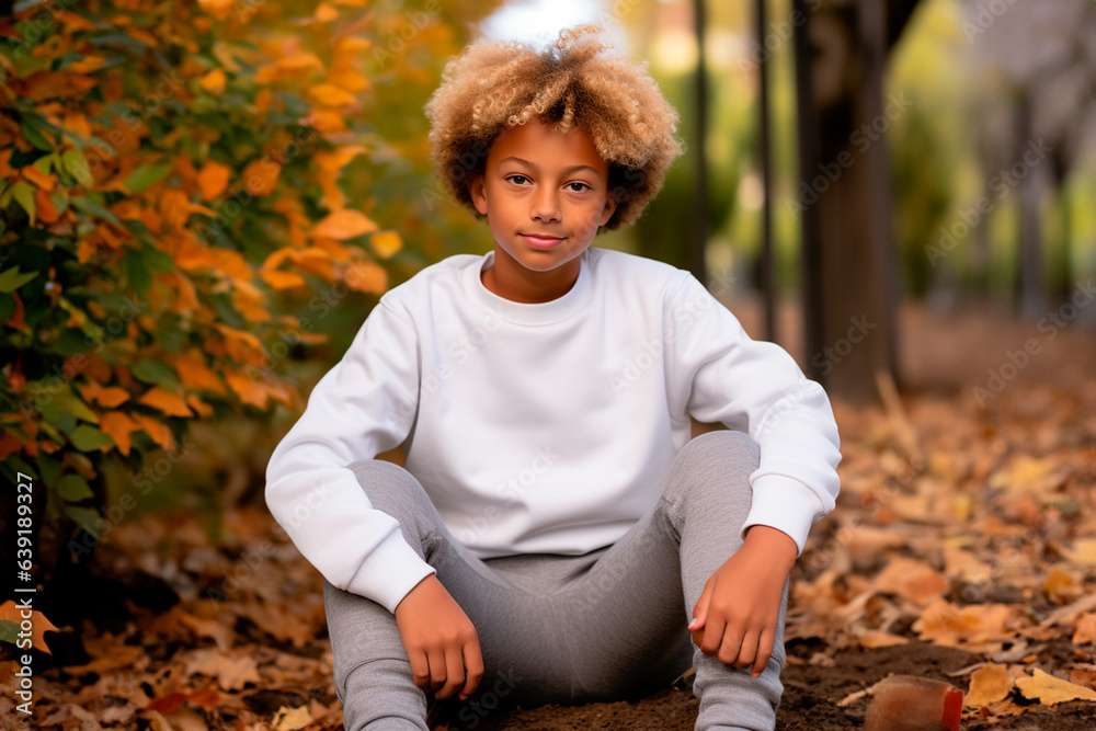 A teenage boy model poses in a natural pose sitting on dry leaves ...