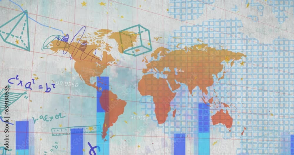 Animation of graph, mathematical equation and diagrams with map over ...