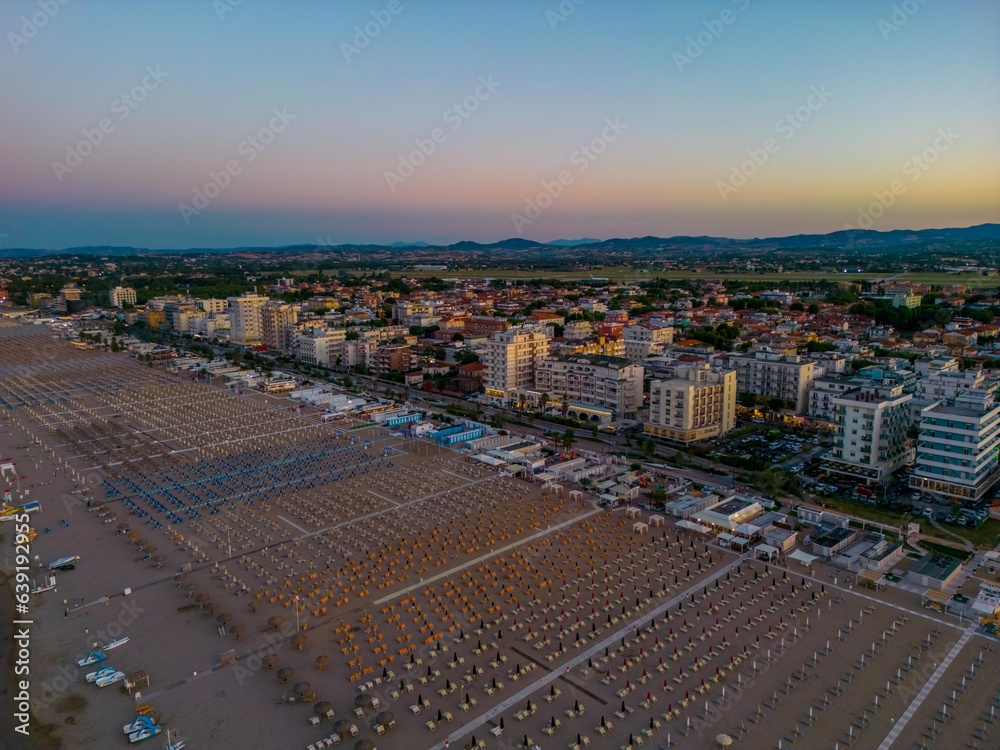 Italy, Rimini 15.08.2023: Beautiful sunset in Rimini. Drone photography ...