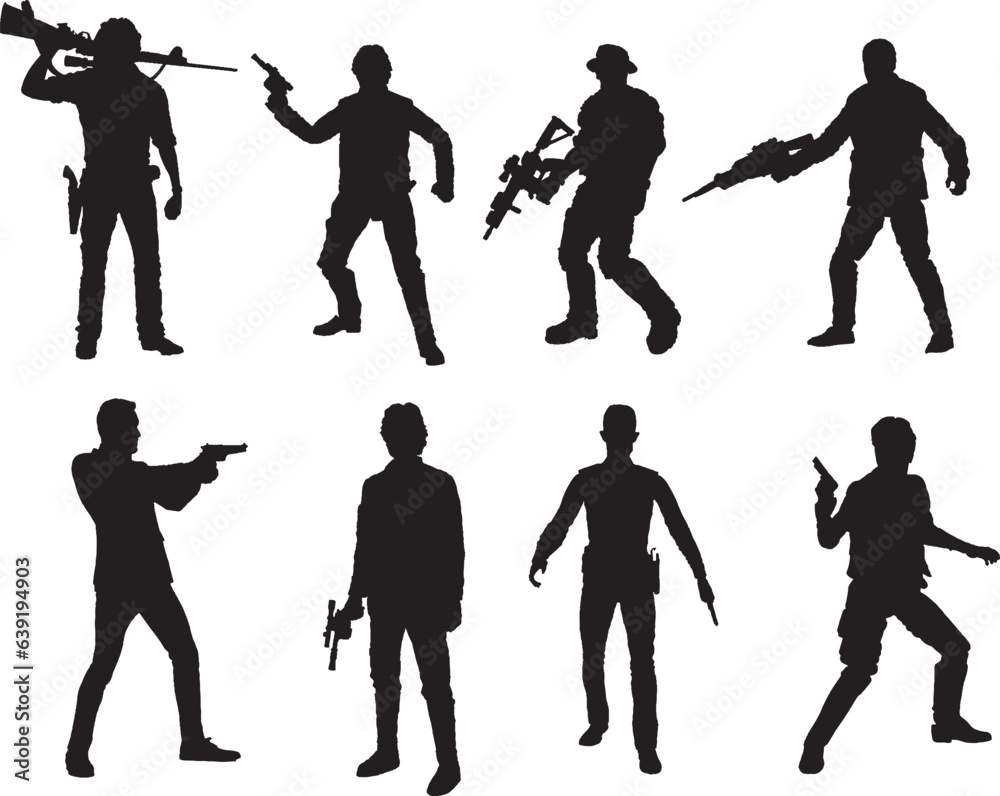 Silhouette of Man Holding Gun: Policeman in Action, Vector Illustration ...