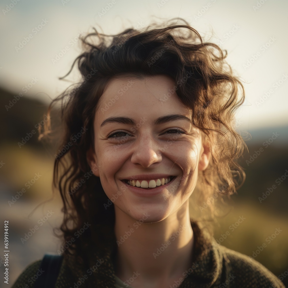 Smiling Female Portrait. Focus is on her young gentle face with wide ...