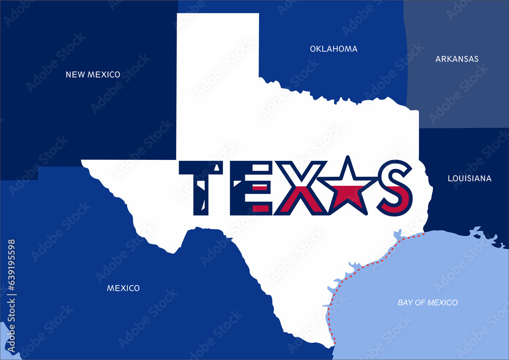 Map of the state of Texas in white and named Texas, United States of ...