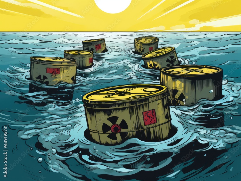 Comic Illustration of many nuclear waste barrels in the ocean. Nuclear ...