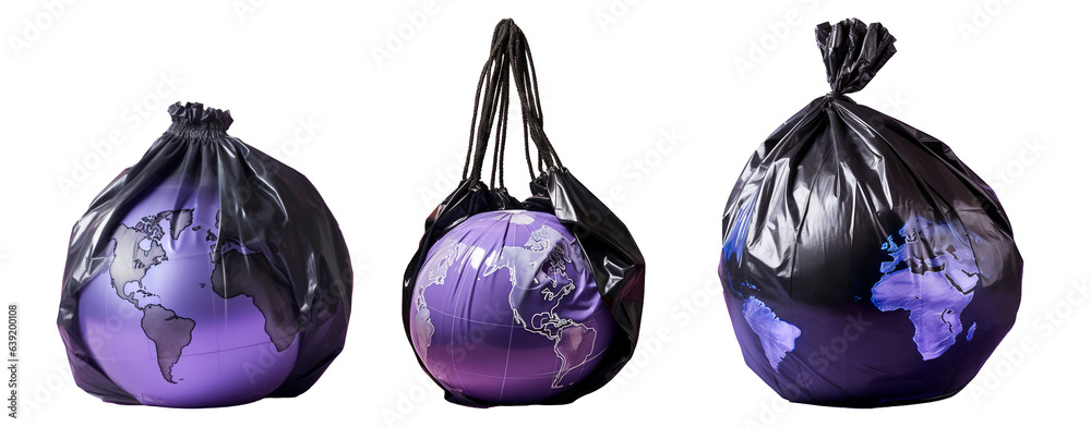 Isolated set of Purple Earths in polyethylene black plastic disposable ...