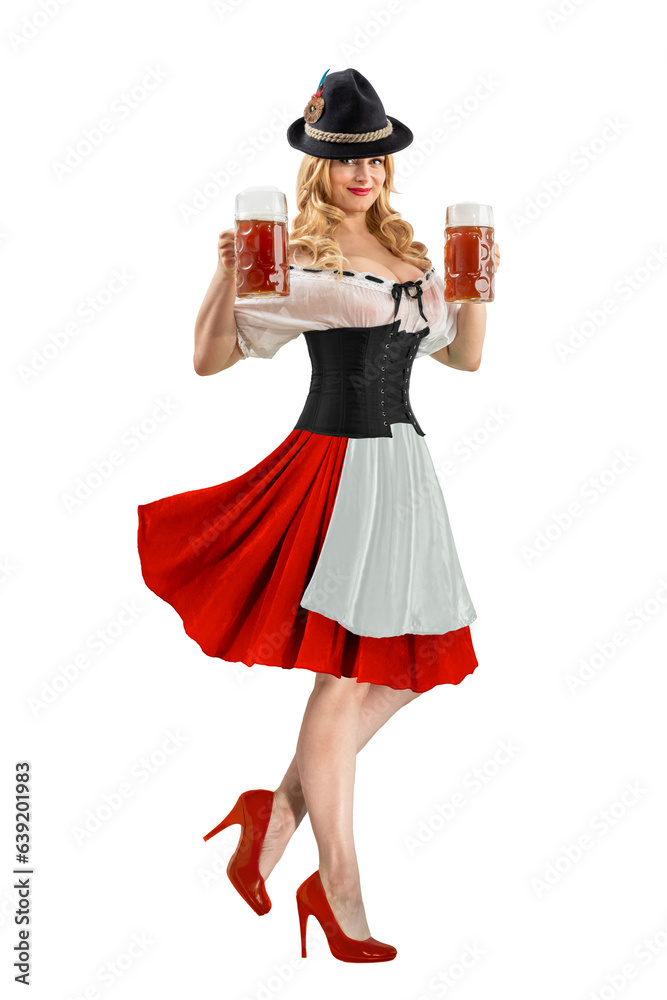 Foto de Oktoberfest girl waitress. Woman in dirndl, tyrolean hat ...