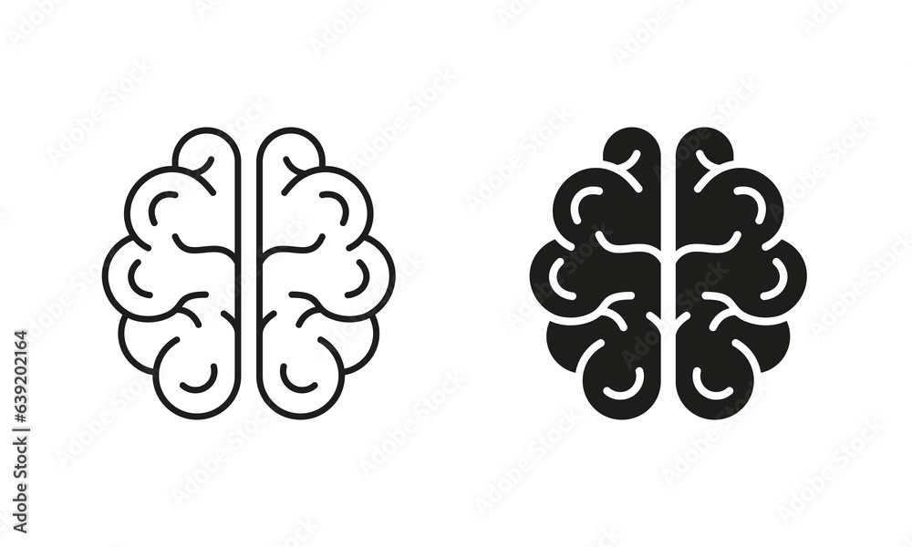 Human Brain Line and Silhouette Icon Set. Brainstorm, Memory ...