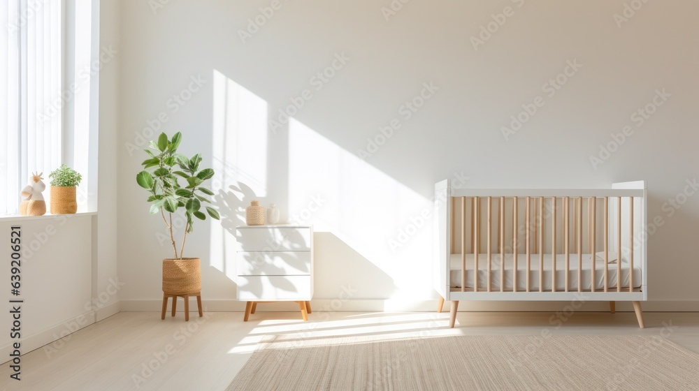empty nursery room with wooden baby cot bed, flowers and empty white ...