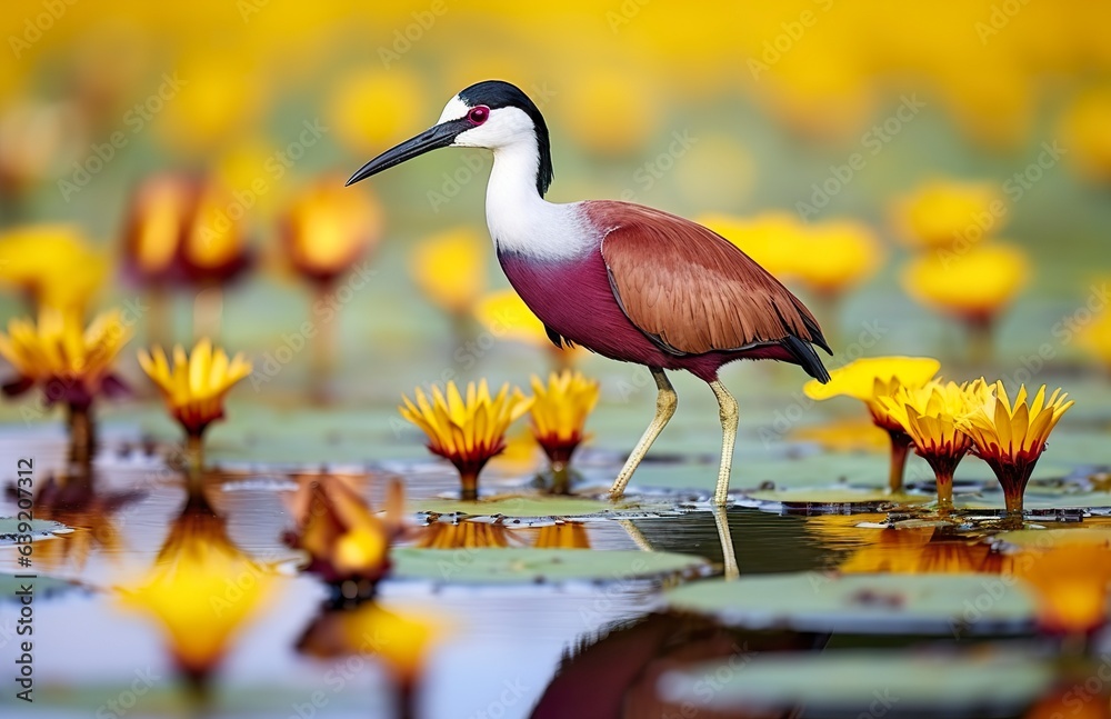 Colorful African wader with long toes next to violet water lily in ...