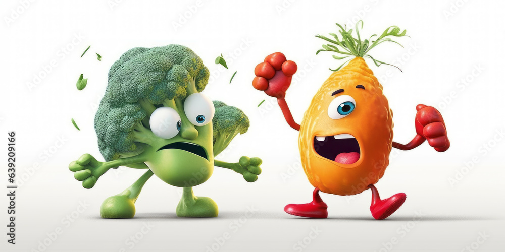 Crazy fighting vegetables. Childrens advertising or teacher materials ...