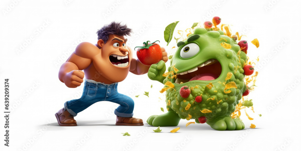 A man fighting vegetables. Childrens advertising or teacher materials ...