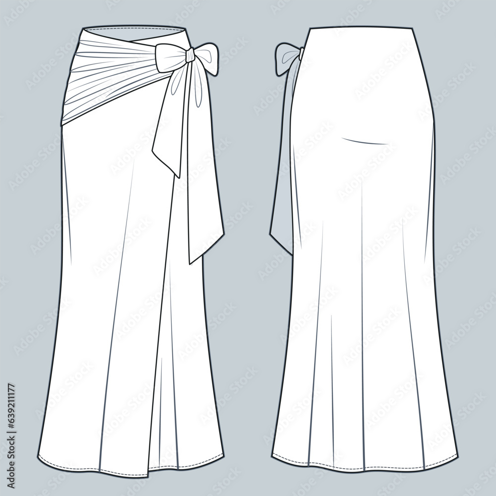 Wrap maxi Skirt technical fashion illustration. Asymmetric Draped Skirt ...
