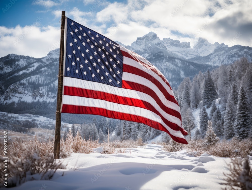 Amidst a snowy expanse, the bold colors of the American flag stand out ...