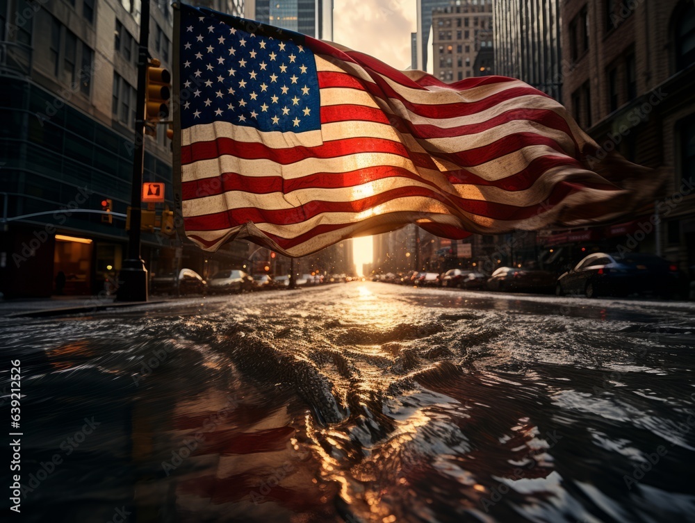 Captured with a fisheye perspective, the flag ripples in the center ...