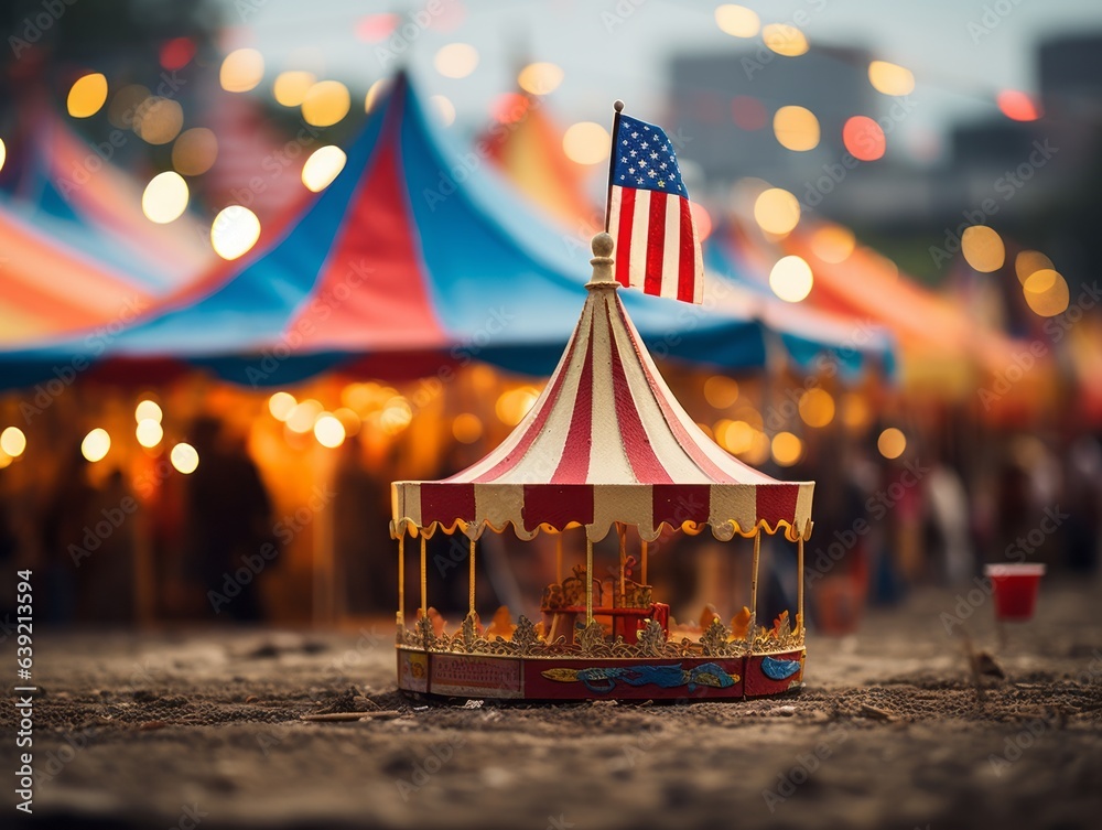The American flag stands stark against a blurred carnival backdrop ...