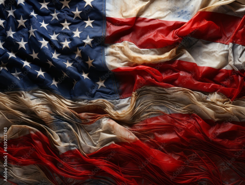 Using a macro lens, the fibers of an aged American flag reveal ...