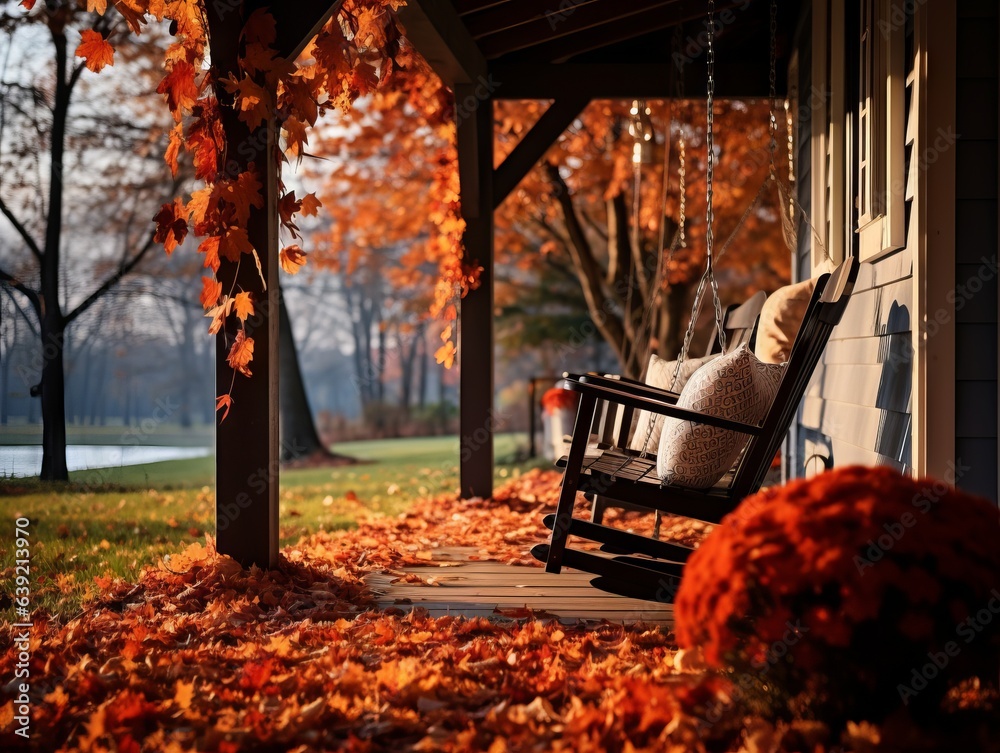 An American flag hangs from a porch of a cozy cottage during autumn ...