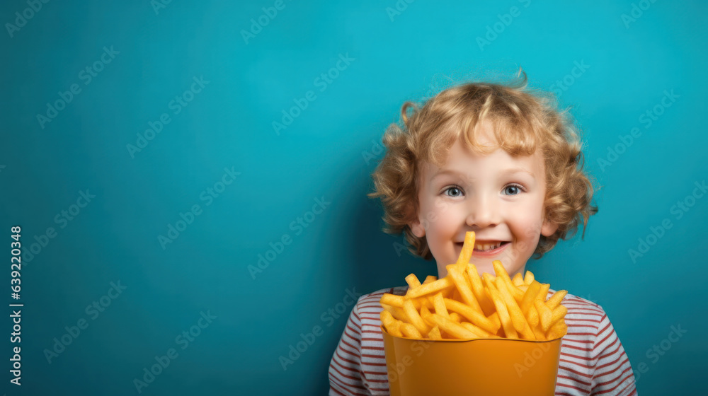 cheerful caucasian Kid boy eating potato chips or wafers in a bowl ...