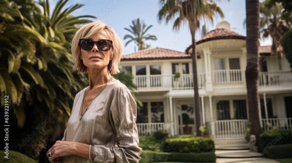Photo of an affluent middle-aged woman in front of her mansion in ...
